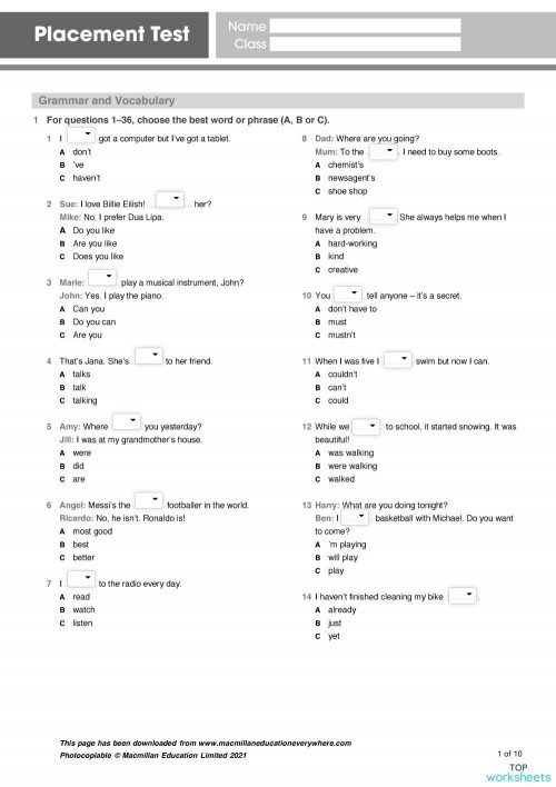 Macmillan Placement test. Interactive worksheet | TopWorksheets