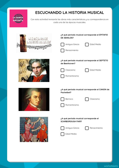 ESCUCHANDO LA HISTORIA MUSICAL. Ficha interactiva | TopWorksheets