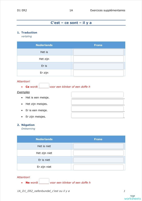 1A_D1_ER2_oefenbundel_C'est - il y a. Fiche interactive | TopWorksheets