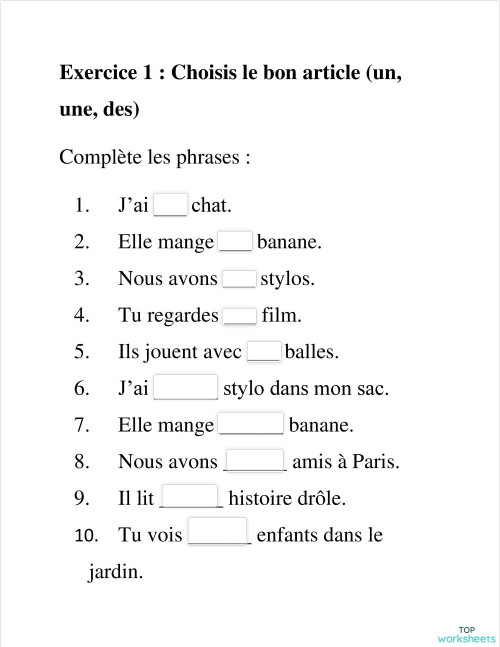 EXERCICE 1 DELICIA ARTICLE INDEFINI. Fiche interactive | TopWorksheets