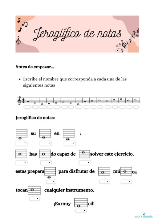 Notas musicales: fichas interactivas y ejercicios online | TopWorksheets
