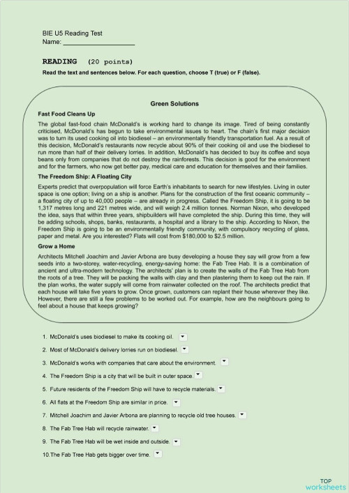 BIE B1 U5 READING TEST. Interactive worksheet | TopWorksheets