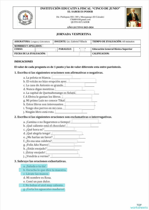 Oraciones según la actitud del hablante. Ficha interactiva | TopWorksheets