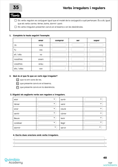verbs regulars i irregulars. Fitxa interactiva | TopWorksheets