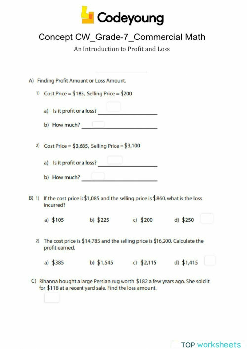 An Introduction to Profit and Loss Concept CW. Interactive worksheet ...