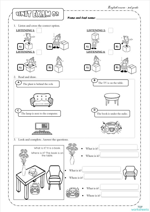 EXAM: LIVING ROOM AND PREPOSITIONS. Interactive worksheet | TopWorksheets