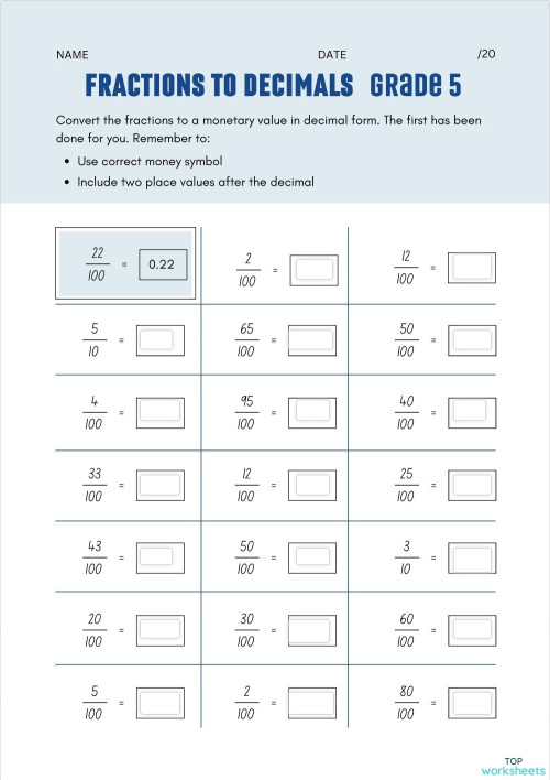 Fraction to decimals. Interactive worksheet | TopWorksheets