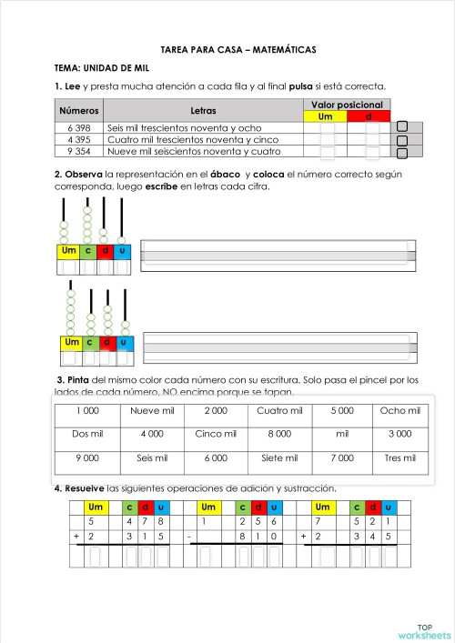 TAREA PARA CASA - UNIDAD DE MIL 4°. Ficha interactiva | TopWorksheets