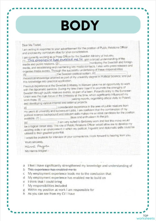 MAIN BODY COVER LETTER. Interactive worksheet | TopWorksheets
