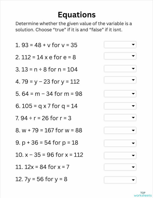 Solving Equations. Interactive worksheet | TopWorksheets