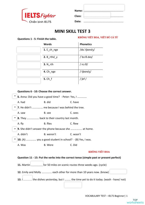 IELTS BEGINNER JUNIOR - MINI SKILL TEST 3. Interactive worksheet ...
