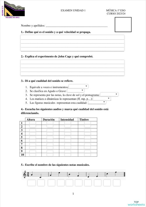Examen Unidad 1 Música 1º ESO. Ficha interactiva | TopWorksheets