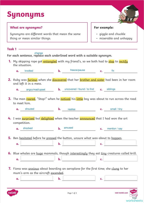 Synonyms Worksheet - Homework. Interactive worksheet | TopWorksheets