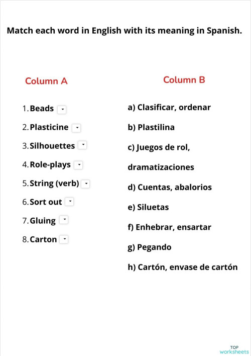 Match each word in English with its meaning in Spanish.. Interactive ...