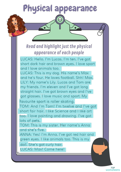 My physical appearance. Interactive worksheet | TopWorksheets
