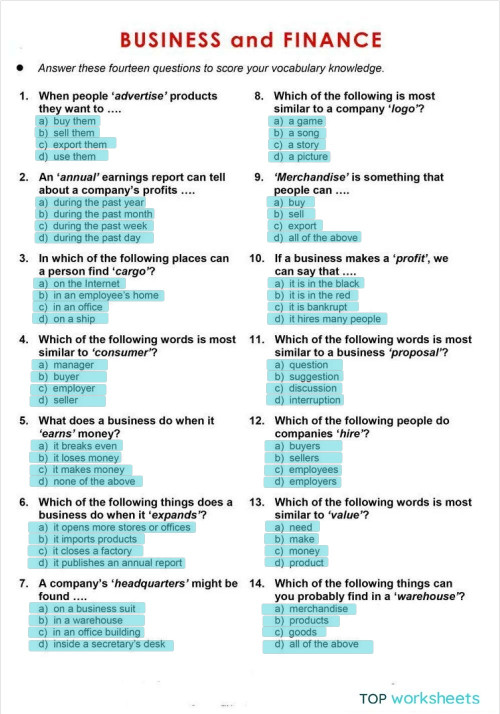 Business and Finance. Interactive worksheet | TopWorksheets