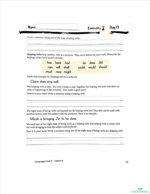 Lesson 4: Helping Verbs Pg 52. Interactive worksheet | TopWorksheets