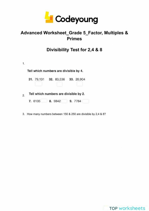 Advanced-Divisibility Test for 2,4 & 8. Interactive worksheet ...