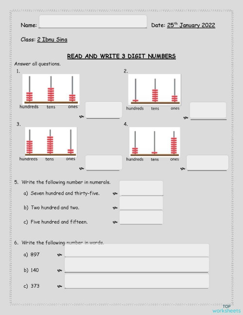 Read and write 3 digit numbers. Interactive worksheet | TopWorksheets