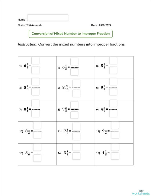 Mixed No. to Improper Fraction. Interactive worksheet | TopWorksheets