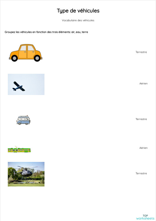 Type de véhicules. Fiche interactive | TopWorksheets