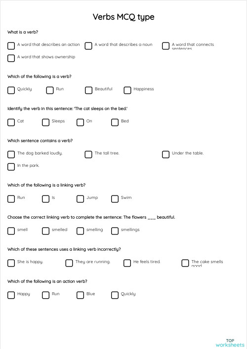 Verbs MCQ type. Interactive worksheet | TopWorksheets