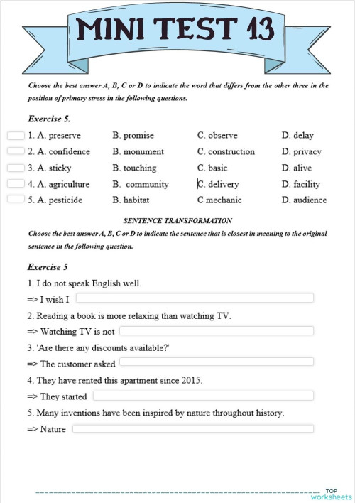 MINI TEST 13. Interactive worksheet | TopWorksheets