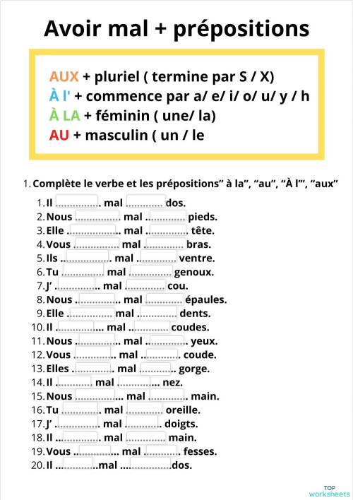 avoir mal + prépositions. Fiche interactive | TopWorksheets