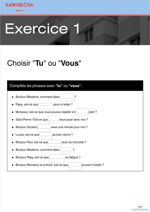 Exercice le tu ou vous. Fiche interactive | TopWorksheets
