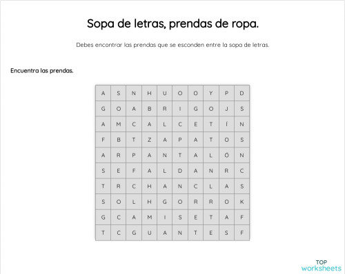 Sopa de letras, prendas de ropa.. Ficha interactiva | TopWorksheets
