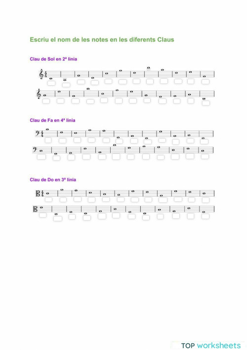 Notes en Clau de Sol, Clau de Fa i Clau de Do. Fitxa interactiva ...