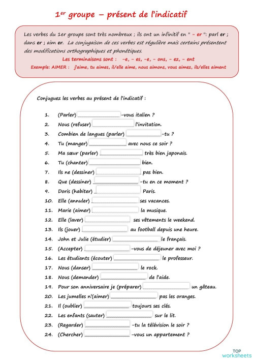 Exercices verbes en -er. Fiche interactive | TopWorksheets