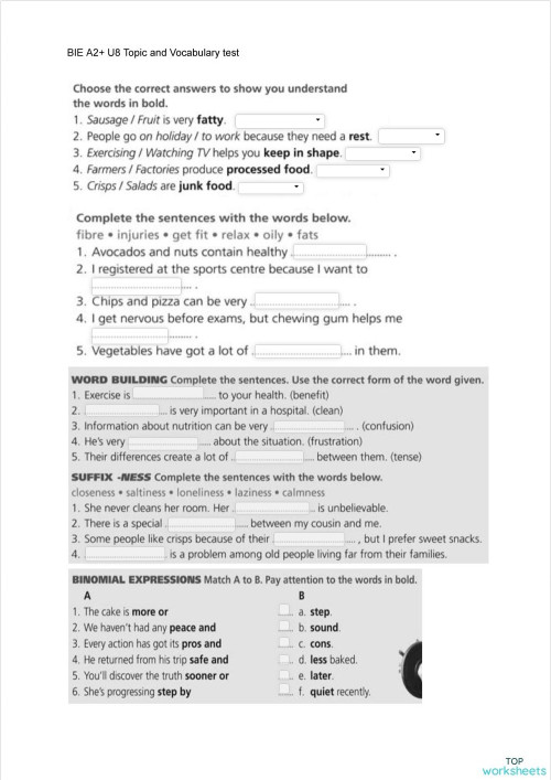 BIE A2+ U8 Topic and Vocabulary test. Interactive worksheet | TopWorksheets