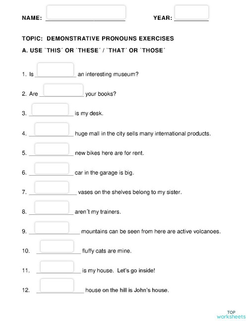Topic: Demonstrative Pronouns. Interactive worksheet | TopWorksheets