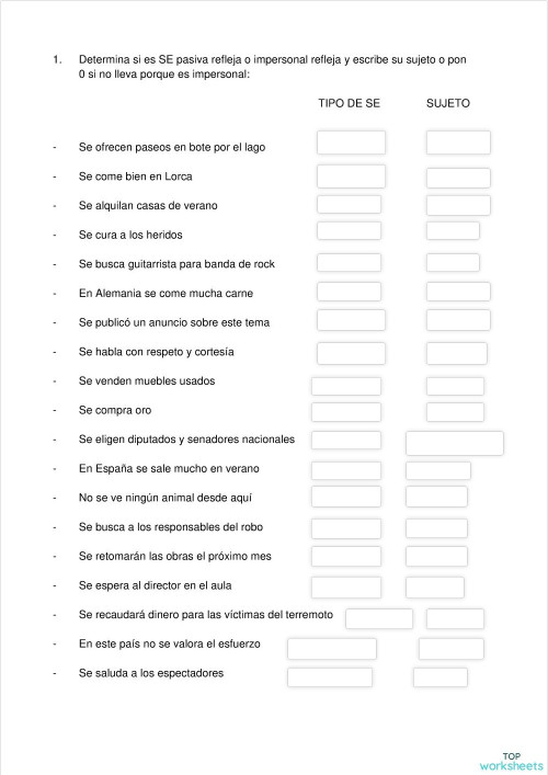 SE PASIVA O IMPERSONAL REFLEJA. Ficha interactiva | TopWorksheets