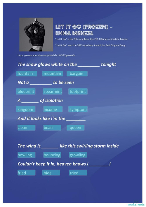 Song Quiz - Let It Go - Idina Menzel. Interactive worksheet | TopWorksheets