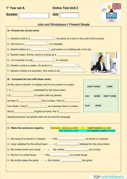 Jobs -Workplaces - Present Simple set A. Interactive worksheet ...
