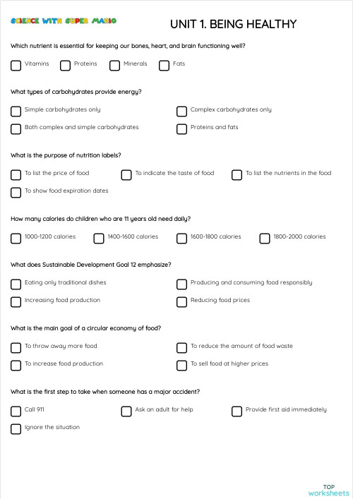 UNIT 1. BEING HEALTHY. Interactive worksheet | TopWorksheets