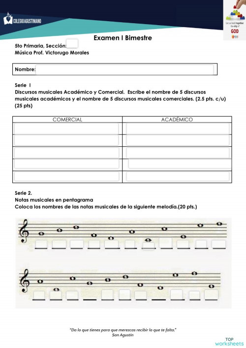 Examen 5to Primaria Música. Ficha interactiva | TopWorksheets