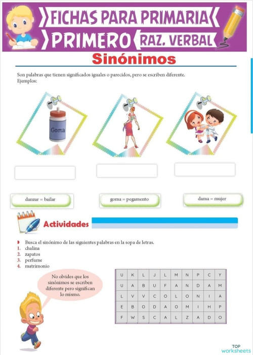Sinónimos: fichas interactivas y ejercicios online | TopWorksheets