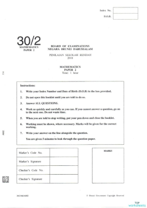 PSR 2018 MATHEMATICS PAPER 2. Interactive worksheet | TopWorksheets