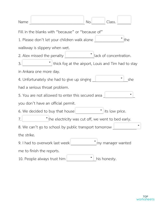 Because and because of. Interactive worksheet | TopWorksheets