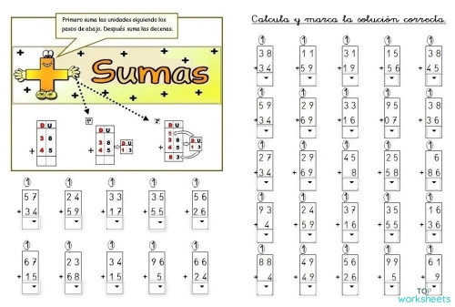Sumas con llevadas. Ficha interactiva | TopWorksheets
