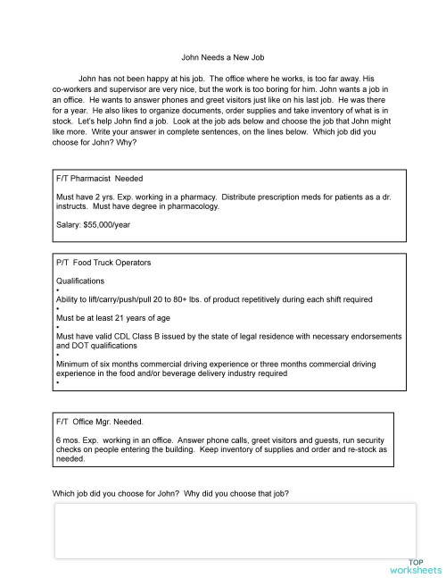 John Needs a New Job. Interactive worksheet | TopWorksheets
