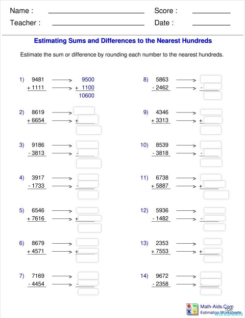Estimating sums and differences to the nearest hundreds. Interactive ...