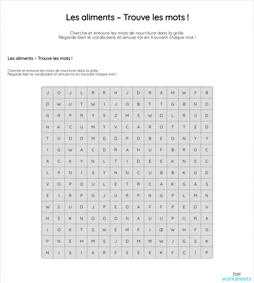 Les aliments – Trouve les mots !. Ficha interactiva | TopWorksheets