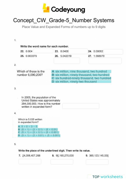 Application-Place Value and Expanded Forms of numbers up to 9 digits ...