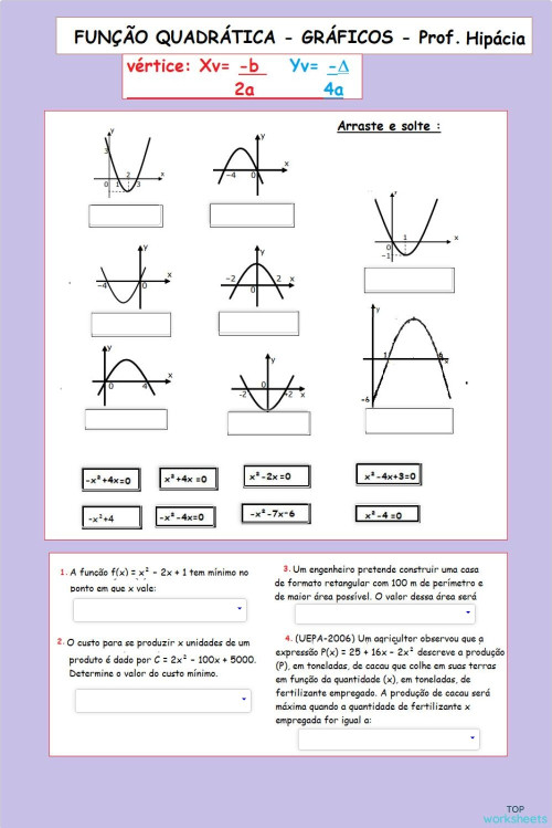 Gráficos das funções quadráticas - máx e min. Ficha interativa ...