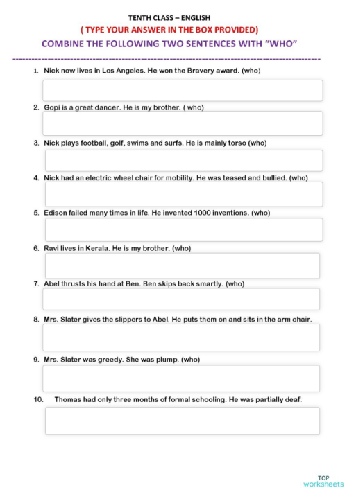 combining the sentences with "who". Interactive worksheet | TopWorksheets