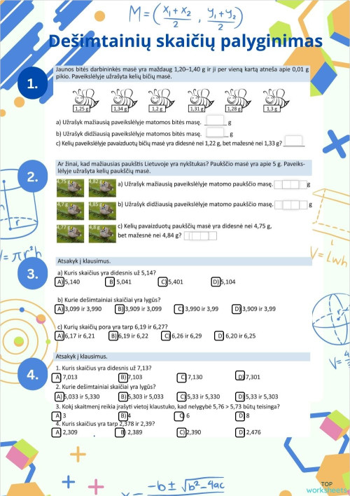 Veiksmai su dešimtainiais skaičiais: interactive worksheets and online exercises | TopWorksheets
